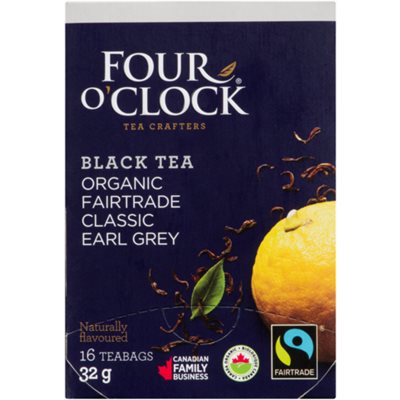Four O'Clock Black Tea Organic Fairtrade Classic Earl Grey 16 Teabags ...